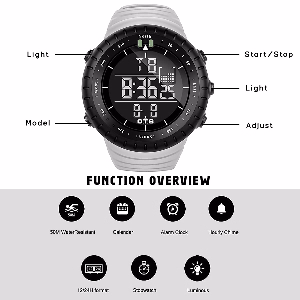 PALADA Men's Digital Sports Watch Waterproof Tactical Watch with LED Backlight Watches for Men (Grey White)