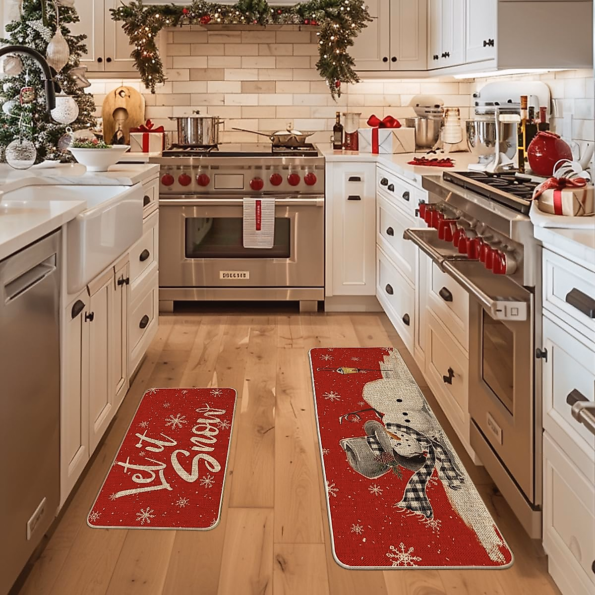 Artoid Mode Red Let It Snow Snowflake Snowman Winter Kitchen Mats Set of 2, Christmas Decor Low-Profile Kitchen Rugs for Floor - 17x29 and 17x47 Inch