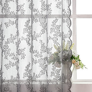 Urban Lotus Grey Lace Sheer Curtains 55 x 54 Inch Elegant Floral Rose Lace Embroidered Curtain Panels Airy Light Filtering Rod Pocket Window Treatment Sets for Garden Balcony, 1 Pair