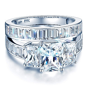 Wellingsale Ladies Solid 14k White Gold Polished CZ Cubic Zirconia Radiant Cut Three 3 Stone Engagement Ring with Side Stones and Wedding Band Bridal Set - Size 8.5