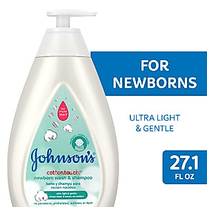Johnson's CottonTouch Newborn Baby Wash & Shampoo with No More Tears, Sulfate-, Paraben- Free for Sensitive Skin, Made with Real Cotton, Gently Washes Away Dirt & Germs, 27.1 fl. oz