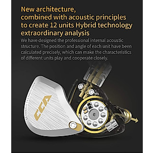 CCA C12 5BA+1DD in Ear Monitor,HiFi Bass in Ear Earphone, IEM Wired Headphones, HiFi Stereo Sound Earphones Noise Cancelling Ear Buds with 6 Balanced Armature Drivers 0.75mm 2pins Cable(No Mic,Gold)