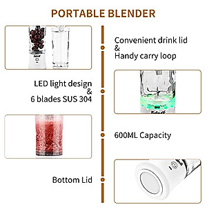 Portable Blender, Tulevik Personal Blender for Shakes and Smoothies with 6 Blades,20 Oz Mini Blender with Travel Lid and USB Rechargeable for Kitchen/Gym/Travel/Office, BPA-Free, White