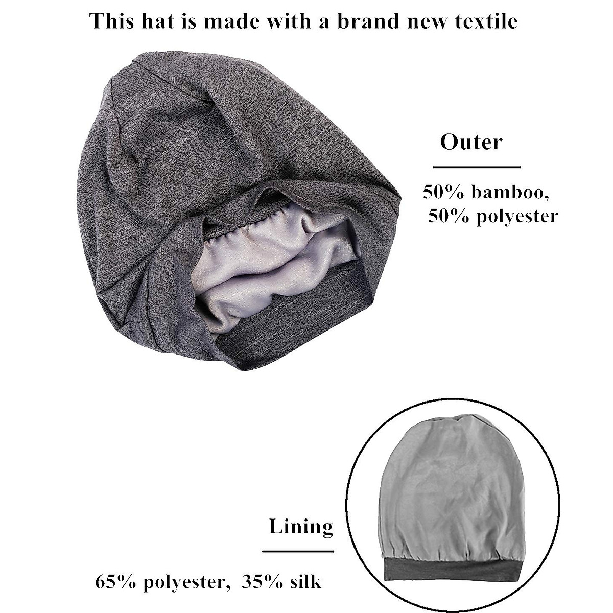 Satin Bonnet Hair Wrap for Sleeping - Hat for Curly Hair and Braids Adjustable Stay on Lined Silk Bonnets Scarf Hair Cover for Lady Lightweight Light Thin Jersey Chemo, Gifts for Women Dark Grey