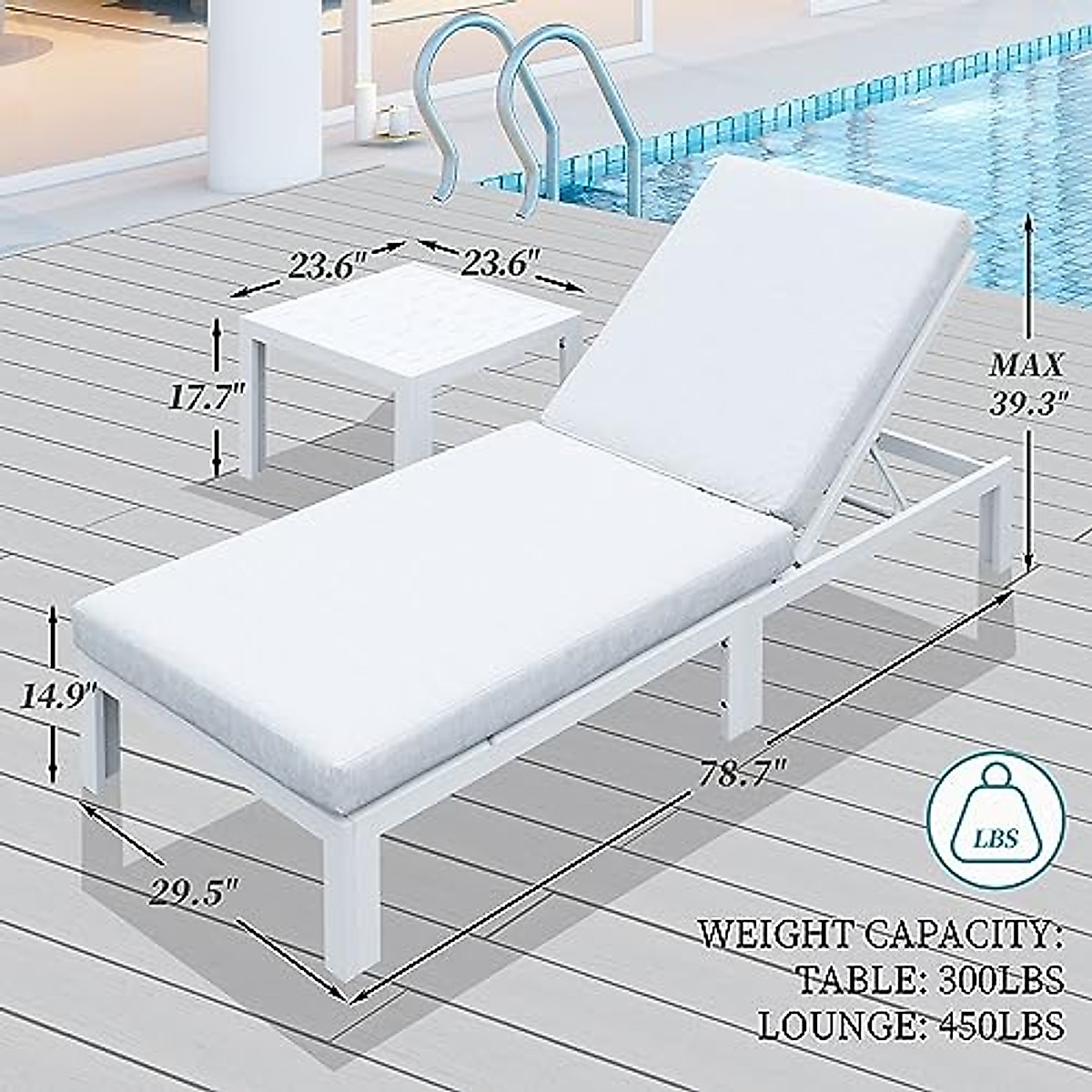 NICESOUL High-End Aluminium Outdoor Chaise Lounge Chair with Side Table, 4" Thick Cushion Anti-Rust Heavy Duty Frame Patio Lounger Recliner Chairs Sunbathing Daybed for Pool Poolside Backyard Lawn