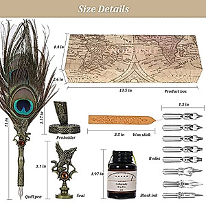 CunMei Quill Pen, Feather Pen Ink Set, Calligraphy Pen Set With Feather Pen Dip Pen, 20ML Ink, 8 Replaceable Nibs, Seal, Wax Seal, Pen Holder, Vintage Engraving Romantic Art Gift (Malachite Green)