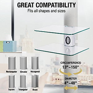 CondoMounts CLMDLSW1002 Pillar & Wall Floating Shelves for Soundbars, Gaming Consoles | No Drill Pillar & Wall Shelf | Holds 40lbs | Fits Pillars 8-in to 48-in Post | Fits No Stud Walls | Clear Glass