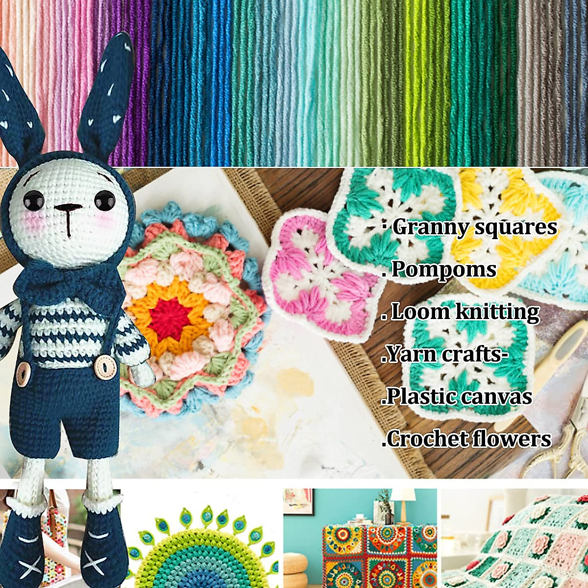 Wensdr 15 Acrylic Yarn Skeins 15 Colors x50g Colorful DIY Craft Cotton Threads and Craft Eyes,Crochet Hook Set 1640 Yards