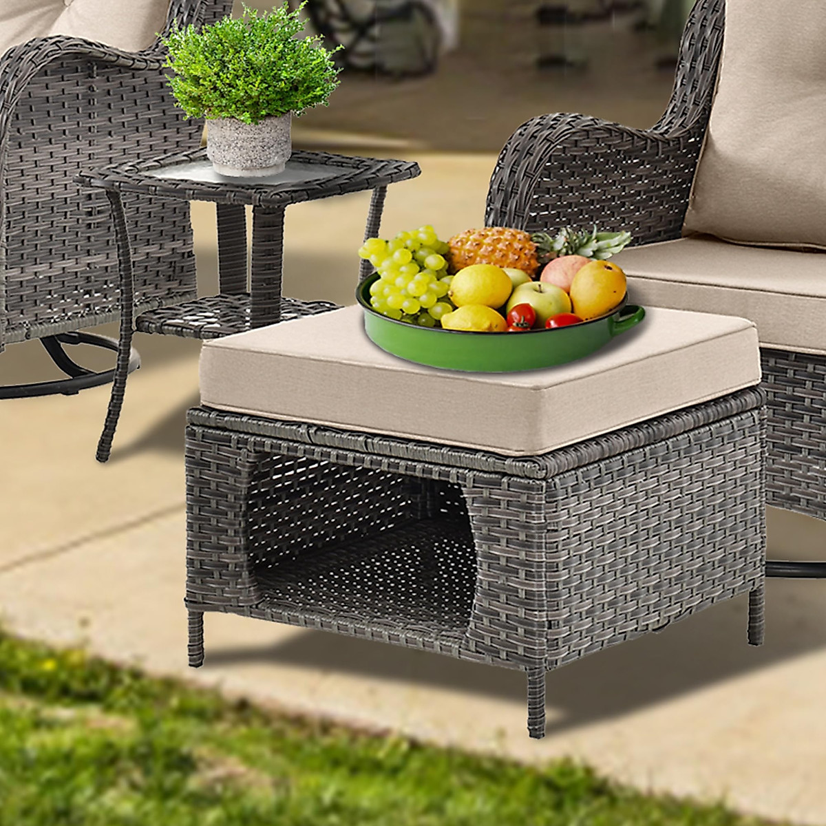 kuurfuurdo 2 Piece Storage Ottomans, Wicker Ottomans Outdoor Furniture for Patio, Backyard, Additional Seating, Footrest, Side Table with Storage, Removable Cushions
