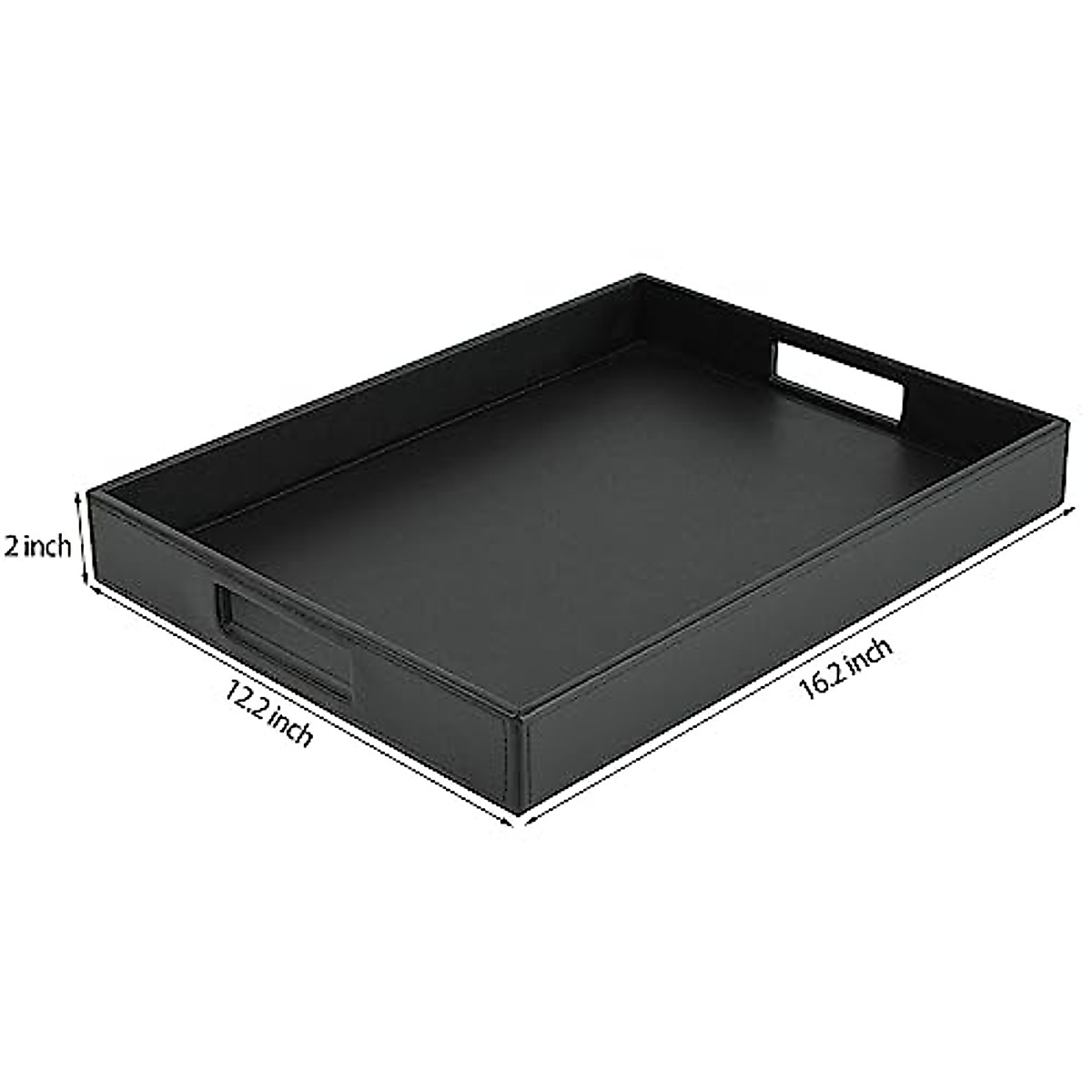 HofferRuffer Rectangle Serving Tray with Hole Handles for Coffee Table, Breakfast, Tea, Food, Butler - Countertop, Kitchen, Vanity Serve Tray, 16.2 x 12.2 x 2 inches, Faux Leather Tray (Black)
