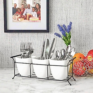 White Ceramic Utensil Holder, Flatware Caddy with Metal Stand (13 x 4 x 5 In)