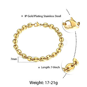Trendsmax 7mm Coffee Beans Link Chain Bracelet Gold Plated Stainless Steel Twisted Rope Chain Bracelet for Men Women 7inch