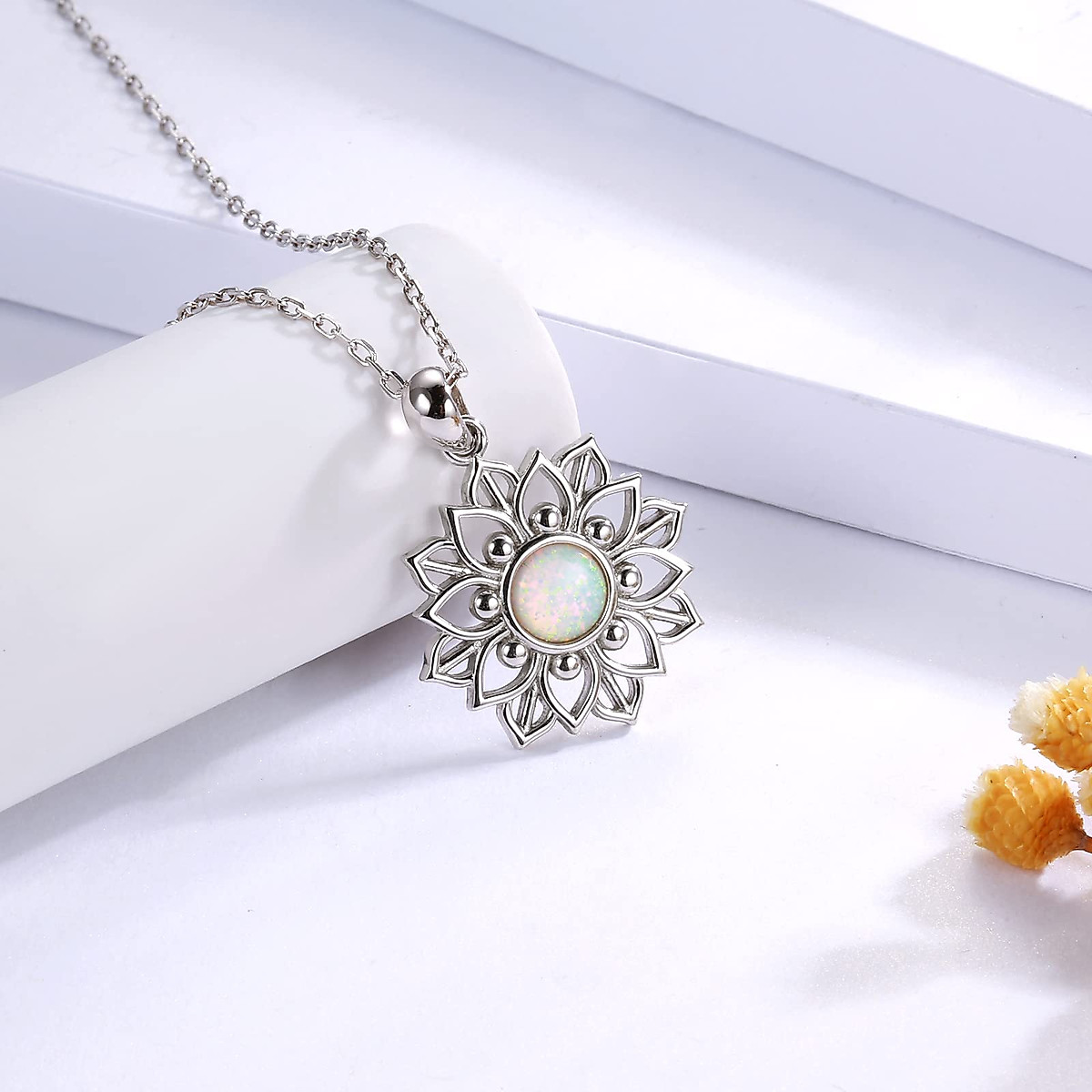 MANBU Sterling Silver Lotus Flower Necklace - Mandala Flower of Life Pendant Yoga Jewelry Gift for Women Yoga Lovers (Opal)
