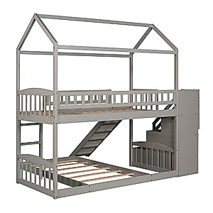 Harper & Bright Designs House Bunk Bed with Slide, Wood Twin Over Twin Bunk Bed Frame with Stairs and Roof for Kids, Teens, Girls, Boys (Gray)