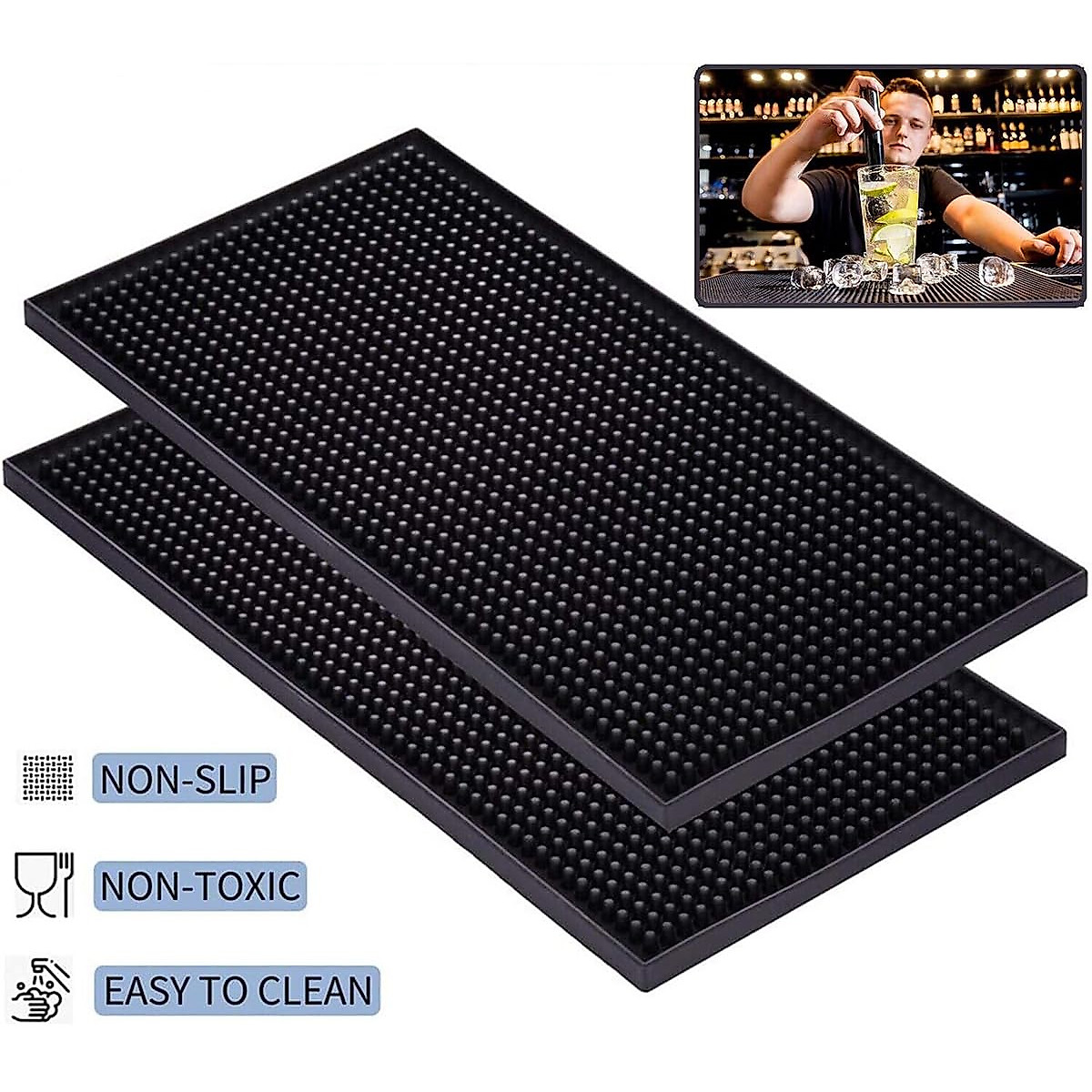 2 Pack Bar Service Mat, Black Salon Barber Work Station Mat, Anti-Slip Flexible Rubber Work Mat for Clippers, Professional Countertop Protection Mat for Bar Service, Sink Mat, Beauty Salon 12"x6"