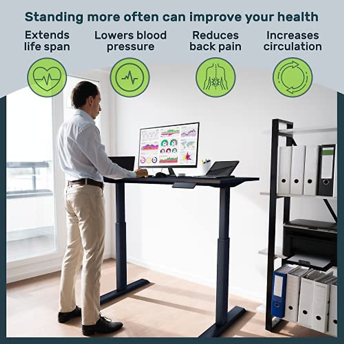 TechOrbits 47 Inch Electric Standing Desk Frame with Tabletop - Motorized Workstation Two Leg Stand Up Desk with Memory Settings and Telescopic Sit Stand Height Adjustment (Black Frame/Wood Brown Top