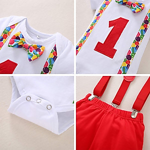 Baby First Birthday Sesame Street Theme Party Outfit Funny Bowtie One Year Old Boys Romper Bodysuit Adjustable Y Back Suspenders Cake Smash Clothes Set for Photo Shoot #White+Red 12-18 Months