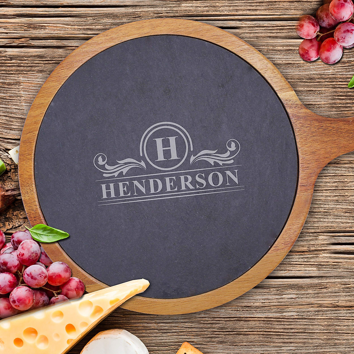 Customized and Engraved Acacia and Slate Serving Board for Meats and Cheeses (Round Large - 14" x 10")