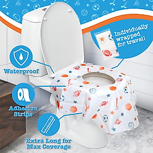 Disposable Toilet Seat Covers for Kids & Adults, 40 Pack - Protect from Public Toilet Germs While Potty Training & More - Extra Large, Waterproof, Portable, Individually Wrapped - Blue/Sports