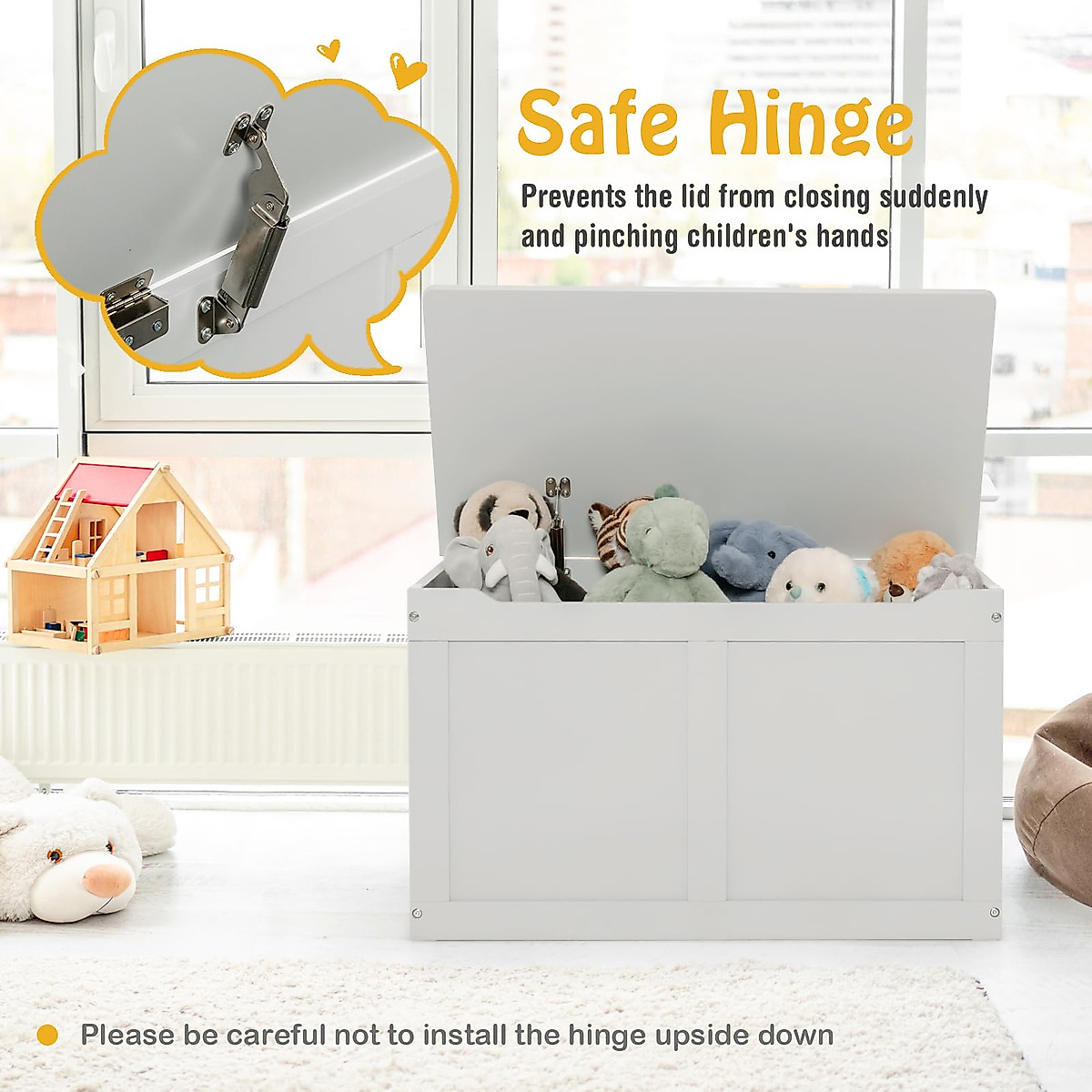 HONEY JOY Kids Wooden Toy Box, 2 In 1 Large Toy Storage Truck Bench with Flip-Top Lid, 2 Safety Hinges & Groove Handle, Toddler Big Toy Chest for Playroom & Bedroom, Gift for Boys Girls Age 3+