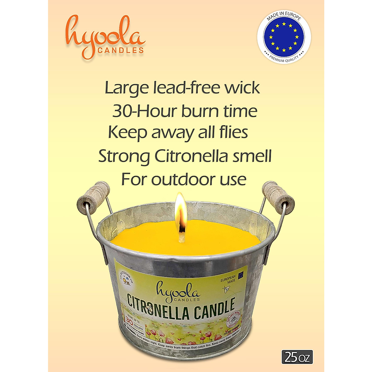 HYOOLA Large Citronella Candles Outdoor Bucket - 30 Hour - Natural Repellent - European Made