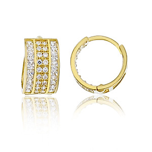 14K Yellow Solid Gold 7x11mm Whide AAA Cubic Zirconia 4 Row Channel Huggie Earrings | Channel Huggie Earrings | Solid Gold Huggie Earrings for Teens and Womens