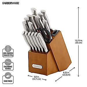 Farberware 18-Piece Forged Stainless Steel Kitchen Knife Set with Wood Block, High-Carbon Stainless Steel Knives, Razor Sharp Knife Set with Ergonomic Handles, Cherry Block