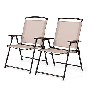 Tangkula 2 Piece Patio Folding Chairs, Outdoor Dining Chairs w/Breathable Fabric, Heavy Duty Steel Frame, Folding Chairs for Garden, Backyard, Poolside, No Assembly Needed (1, Beige)