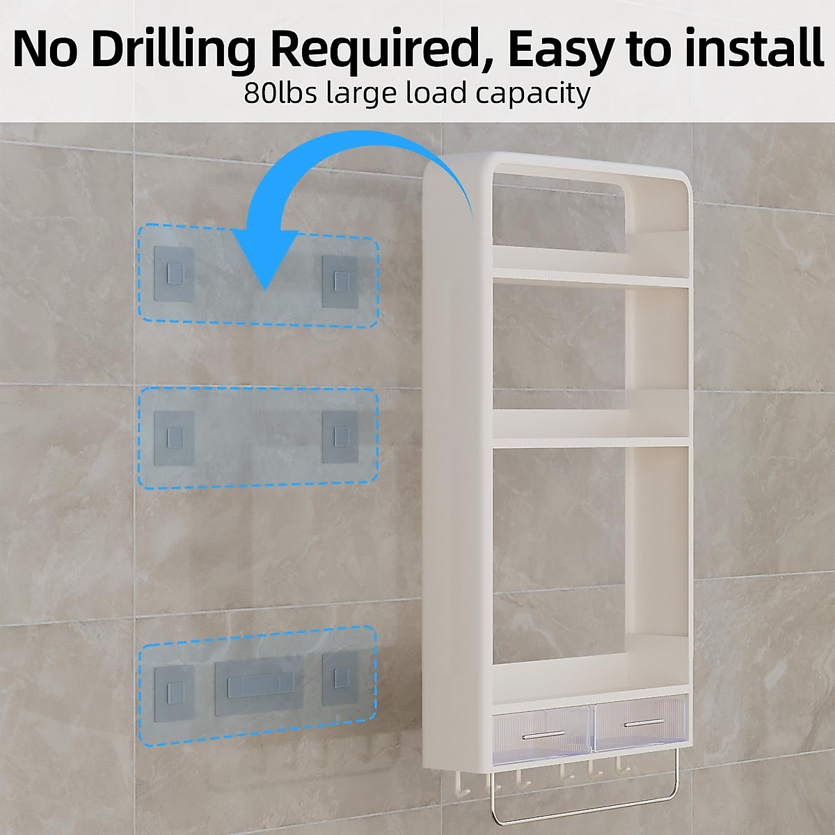 LURIVA Plastic Bathroom Shelves with 2 Drawers & Towel Bar, No Drilling, Bathroom Organizers and Storage, Over Toilet Storage, Wall Mount Shower Organizer, Shower Caddy, Bathroom Wall Cabinet