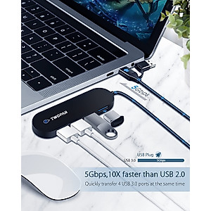 TWOPAN 4 Port USB C Hub with 4 ft Extended Cable, Ultra Slim USB 3.0 Hub for Laptop, High Speed USB Port Splitter for iMac, MacBook Pro/Air, Surface Pro, XPS, Desktop, Flash Drive, Mobile HDD, Printer