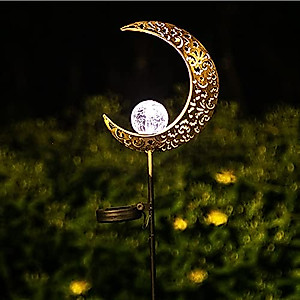 Asense Garden Solar Lights Pathway Stake Outdoor Metal Sculpture Art Decor, Solar Powered LED Lights for Lawn Patio Courtyard, Moon with Crackle Glass Ball