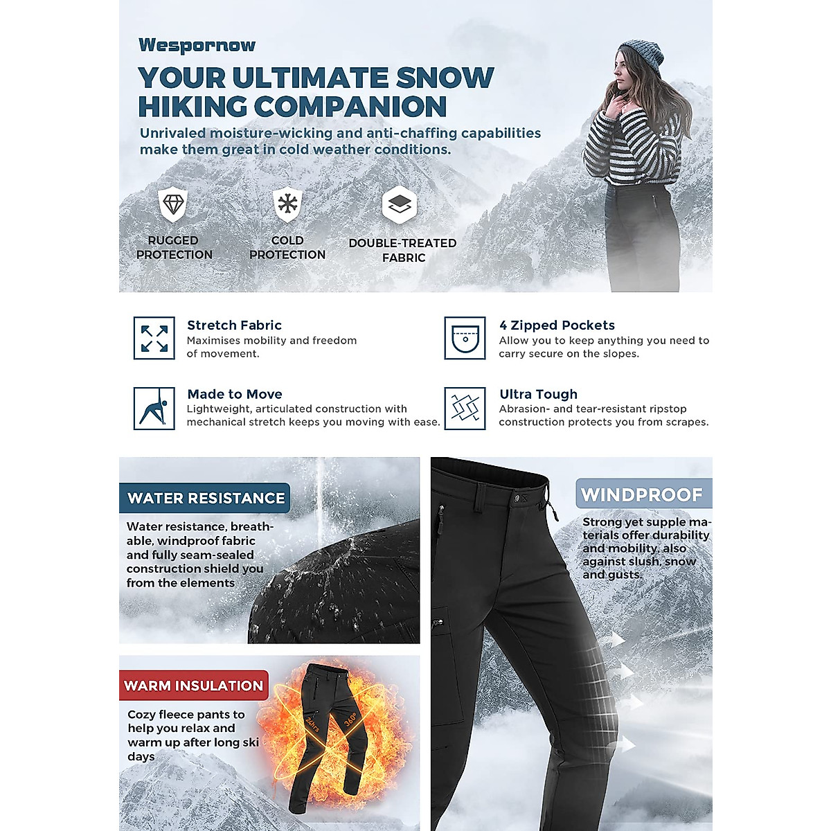 Wespornow Women's-Snow-Ski-Pants Fleece-Lined-Waterproof-Hiking-Pants Softshell Insulated Pants for Winter Outdoor Snowboard (Black, Medium)