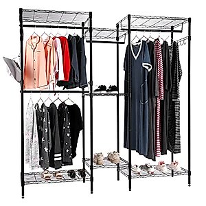 Homdox Free Standing Closet, Wire Shelving Clothing Rack Heavy Duty, with Side Hooks and Clothes Rods (Black)