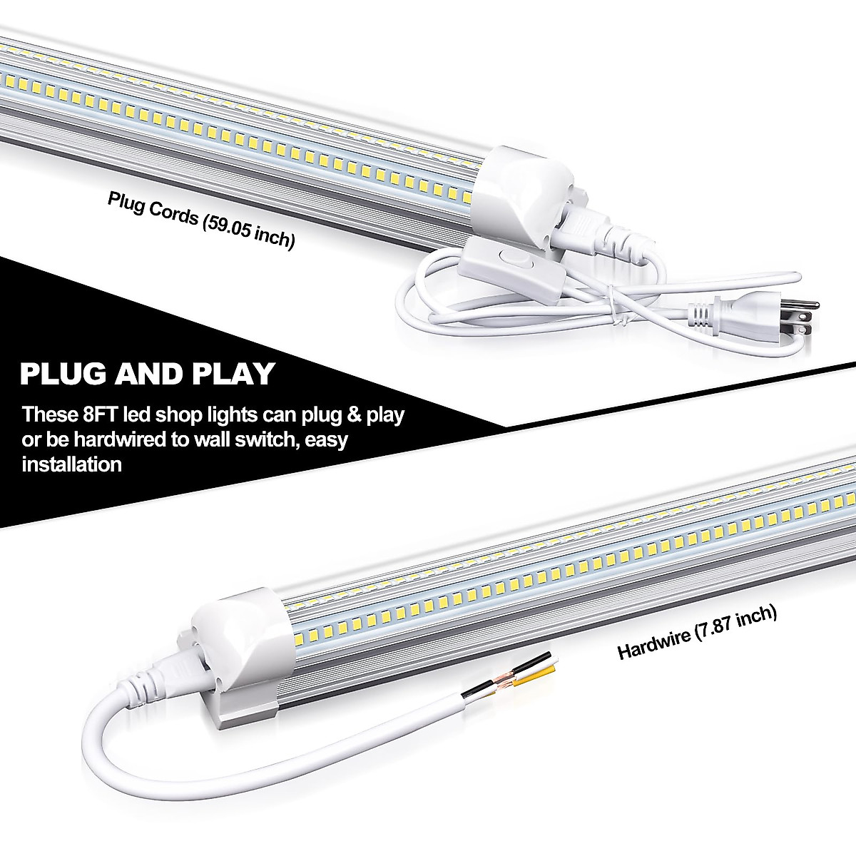 Gugsey LED Shop Lights - 4FT 50W LED Light Fixture, 4 Foot High Output 7750Lumen, 6000K, Clear Cover, V-Shape Linkable, Plug and Play, T8 LED Tube Light for Garage, Workshop (10 Pack)