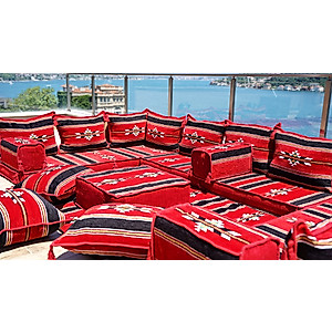 Red Corner Floor Sofa Seating Set, U Shaped Arabic Sofa Set, Oriental Floor Seating, Floor Cushions, Living Room Sofa, Arabic Majlis,Floor Couch (U Sofa Full Set)