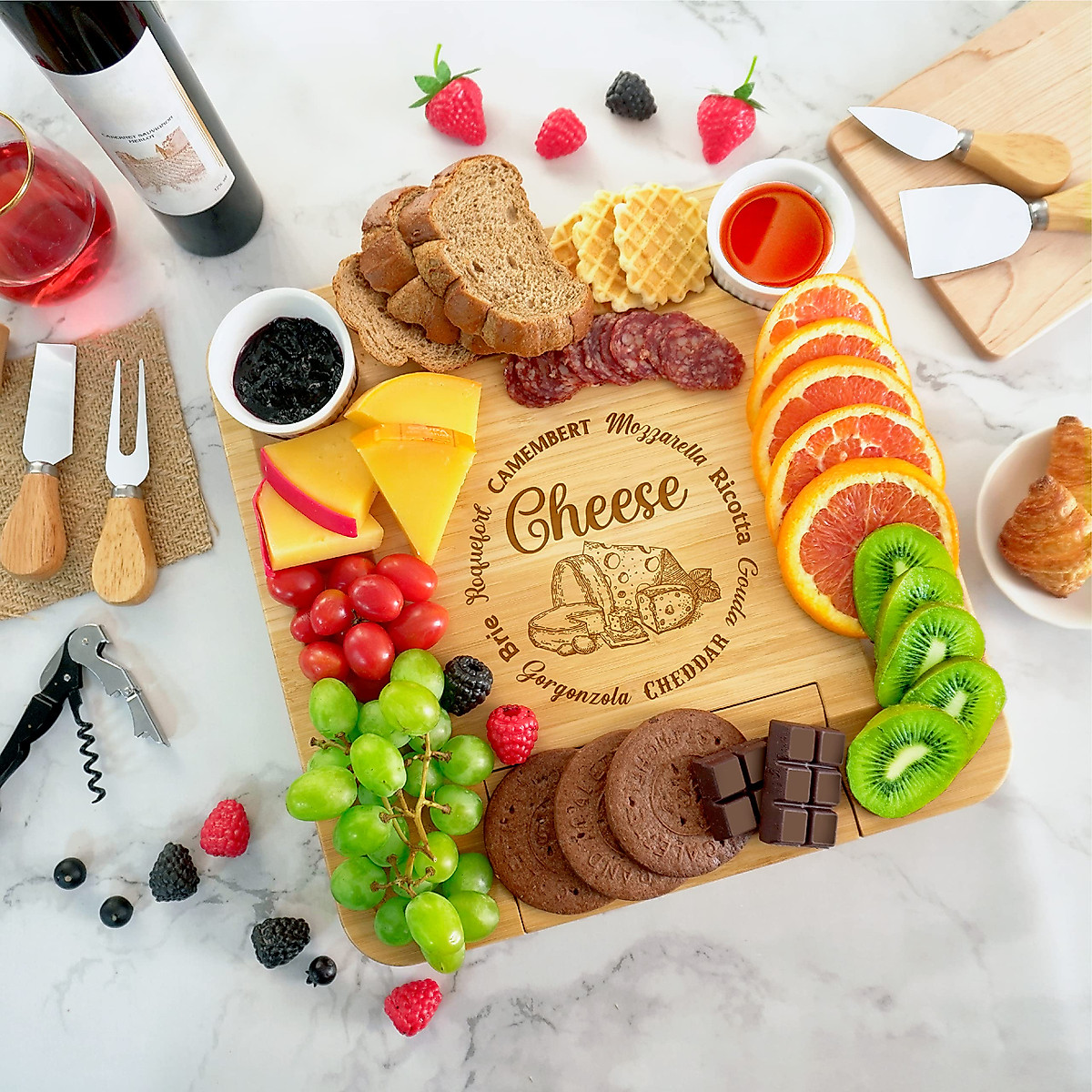 KITCHENVOY Bamboo Cheese Board Set with Slide-Out Drawer, Knife Set, Ceramic Bowls - Every Cheese Name - Charcuterie Boards Gift Set for Christmas, Birthday, Housewarming, Wedding - New Home Gift