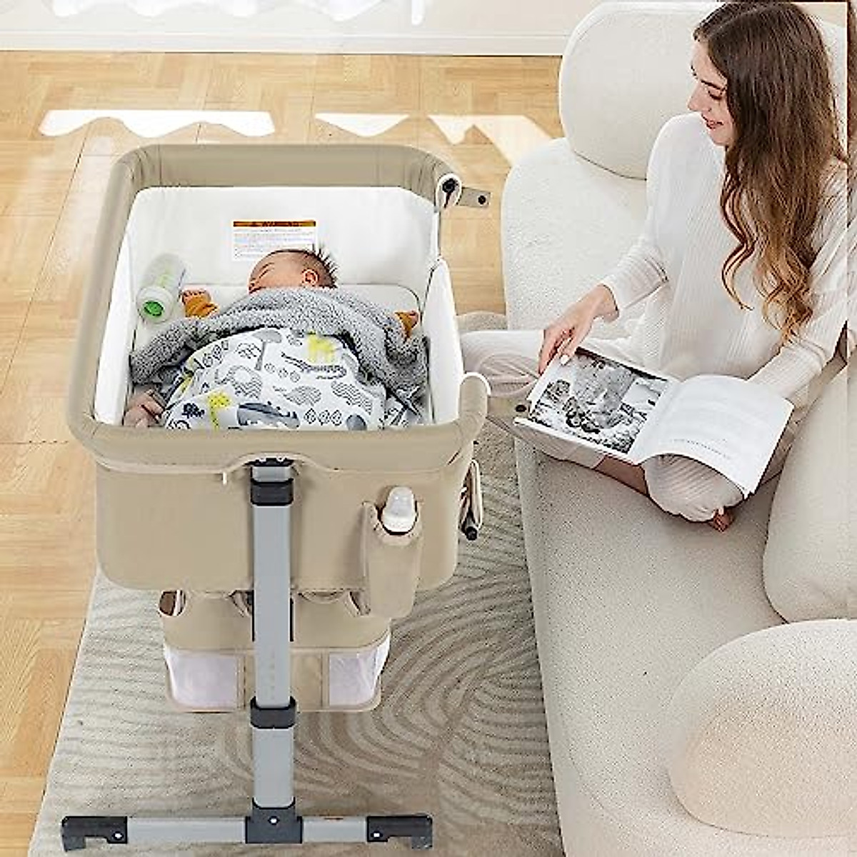 Ihoming Baby Bassinet Bedside Sleeper, Baby Bed Side Crib with Storage Basket, Easy Folding Bassinets, Adjustable Baby Bed for Infant Newborn, Pure Khaki
