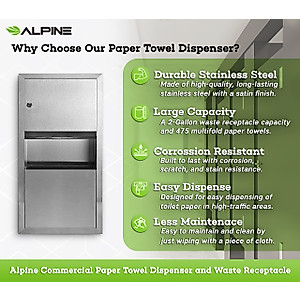 Alpine Commercial Paper Towel Dispenser and Waste Receptacle - Stainless Steel Toilet Paper Dispenser with Rounded Tray for 350 C-Fold or 475 Multifold Paper Towels (2-Gallon Capacity Trash Bin)