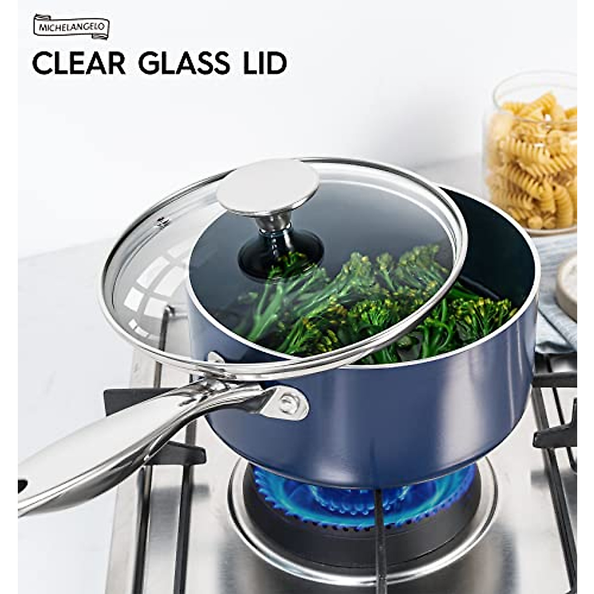 MICHELANGELO Sauce Pan Sets, Ceramic Saucepans with Lids, 1Qt & 2Qt & 3Qt Sauce Pans with Lid, Nonstick Saucepan Set, Small Pot with Stainless Steel Handle, Oven Safe, Blue