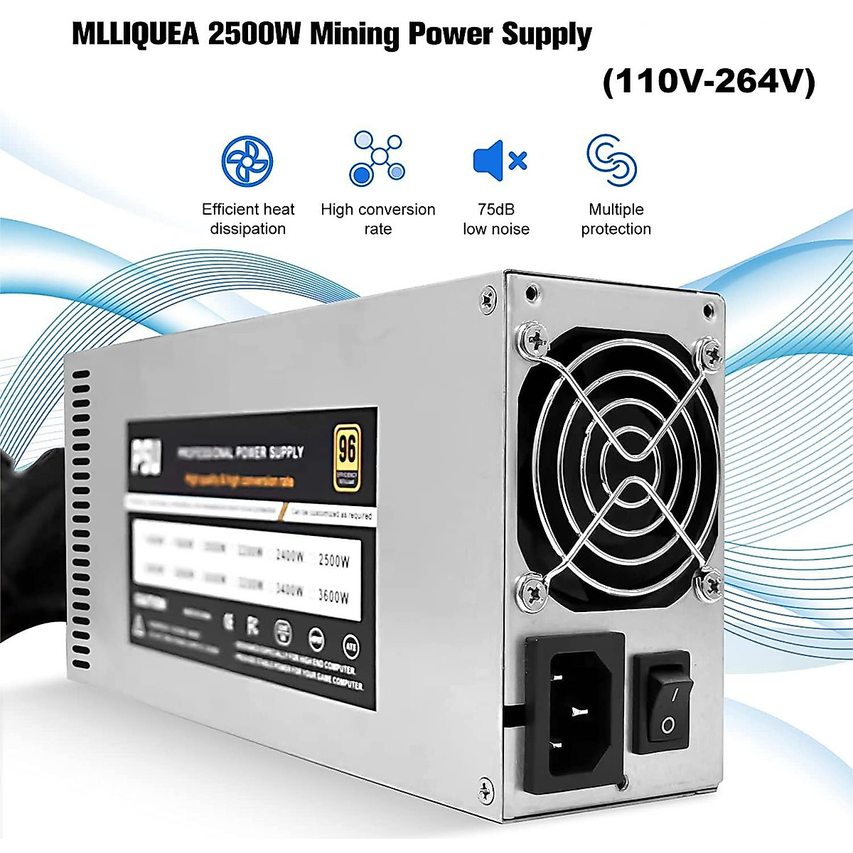 MLLIQUEA 2500W Long-line Mining Power Supply, 2U Mining Power Supply for 8 GPU BTC/ETH Rig Miner Machine, 110V-264V PSU with 12000 RPM Violent Fan