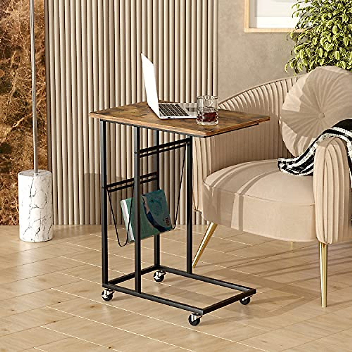 EKNITEY Small Couch Side Table - 21.8 * 13.9" Enlarged Tabletop Industrial End Table Convenient C Shaped Snack Table with Side Pocket for Living Room, Laptop, Bedroom, and Small Spaces (Rustic Brown)