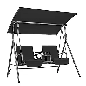 VEVOR 2-Seat Patio Swing Chair, Outdoor Patio Swing with Adjustable Canopy, Porch Swing with Storage Bag and Rotating Tray, Oxford Fabric and Alloy Steel Frame, for Balcony, Backyard, Poolside, Black