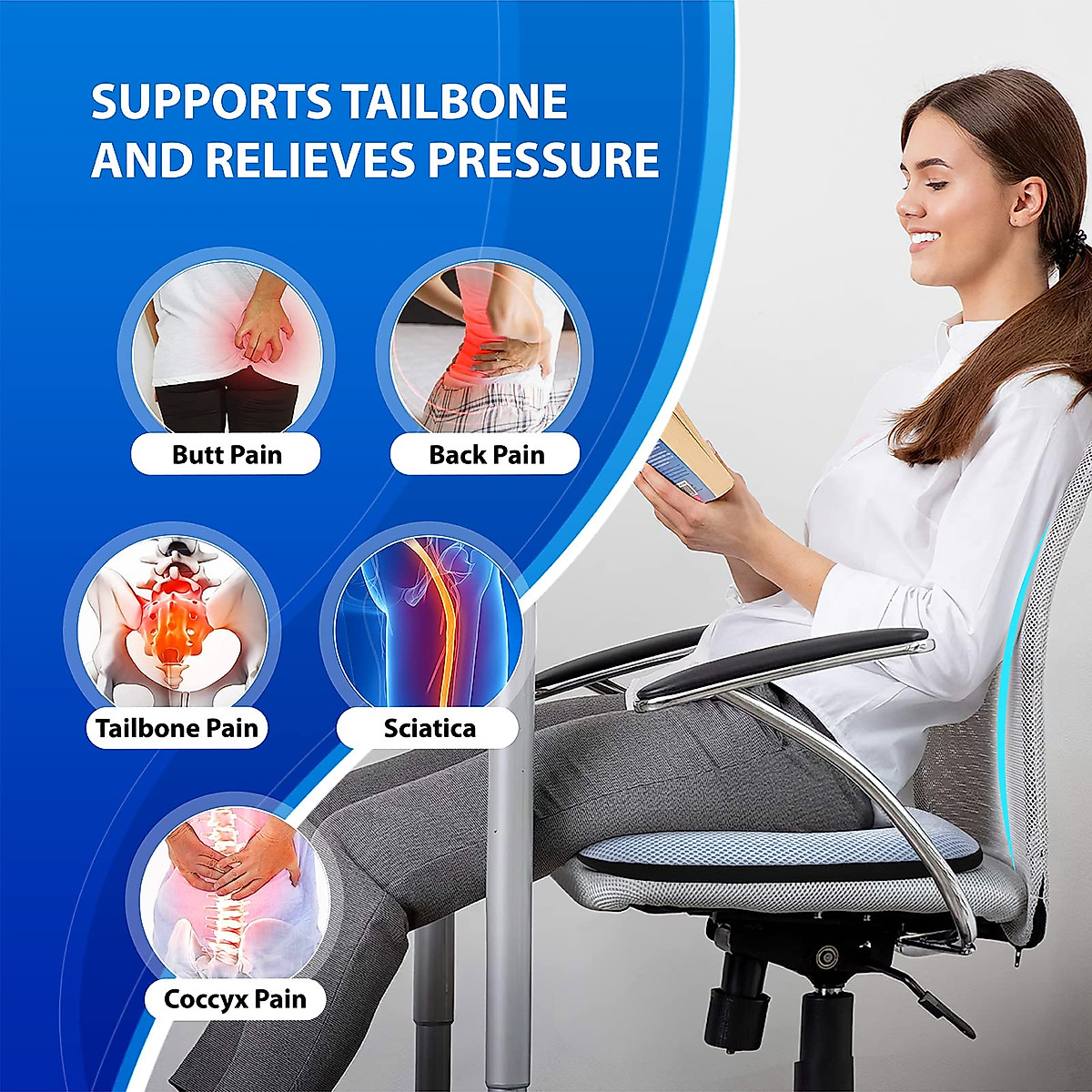 Full Gel Coccyx Seat Cushion Egg Gel Cushions Office Chair Cushion Car Seat Cushion for Back Sciatica Hip Tailbone Pain - Butt Pillow Chair Pad for Wheelchair Desk Pain Relief Long Trips Blue