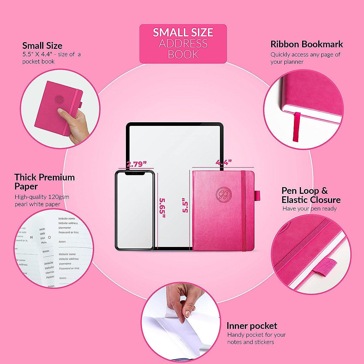 GoGirl Address Book – Telephone and Address Book with Alphabetic Tabs for Safely Storing Contacts, Small-Sized (4.0″ x 5.5″) PU Leather Hardcover – Hot Pink