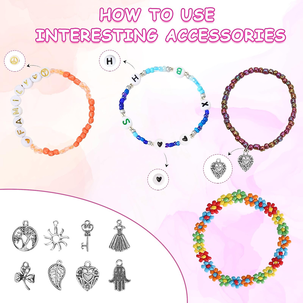 QUEFE Craft Beads Kit 21440pcs 3mm Glass Seed Beads and 960pcs Letter Beads for Friendship Bracelets Jewelry Making Necklaces and Key Chains with 2 Rolls of Crystal String, DIY Art Craft Gifts