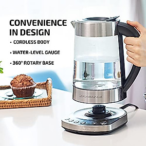 OVENTE Glass Electric Kettle Hot Water Boiler 1.7 Liter ProntoFill Tech Portable Kettle w/ Set Temperature Control, 1500W Keep Warm BPA Free w/ Stainless Steel Base & Tea Maker Infuser - Silver KG733S