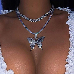 Zoestar Butterfly Choker Necklace Gorgeous 2 Layered Crystal Pendant Necklaces Sparkly Butterfly Chain Jewelry for Women