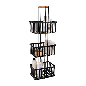 Simplify 3 Tier Metal Spa Tower | Bamboo Handles | Decorative Shelving Unit | Baskets | Bathroom Storage | Toiletries | Towels | Soap | Black