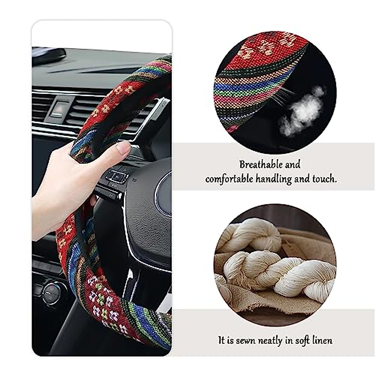 Boho Steering Wheel Cover,Unique Baja Blanket Ethnic Style Steering Wheel Cover & Car Interior Accessories,Anti-Slip Universal 15 Inch Car Steering Wheel Covers for Women Men (Colorful)