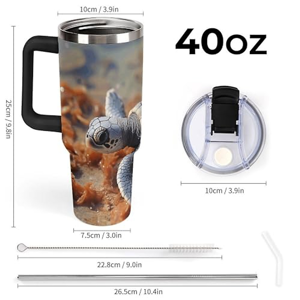 YTLKGFP 40 Oz Large Capacity Car Cup Cut Sea Turtle Tumbler with Handle (Black) Straw Lid Insulated Stainless Steel Water Bottle Travel Mug Leak-proof Car Cup Keeps Cold Or Hot
